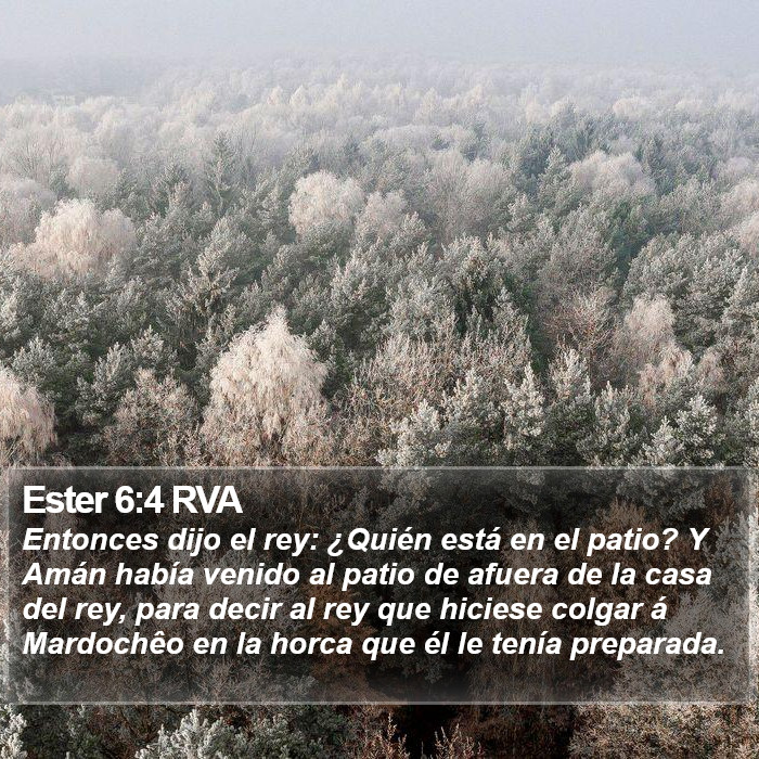 Ester 6:4 RVA - Entonces dijo el rey: ¿Quién está en el patio?
