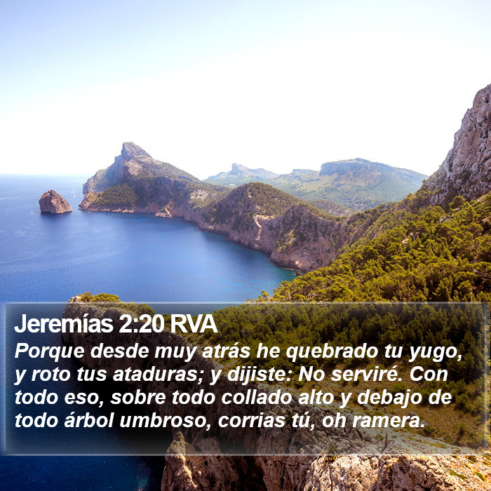 Jeremías 2:20 RVA - Porque desde muy atrás he quebrado tu yugo, y